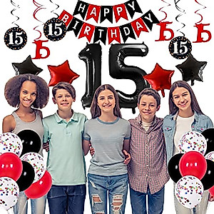 15th Birthday Decorations for Girls Boys, Red Black 15th Birthday Party Supplies for 15 Years Old Bady Decor for Teenagers HAPPY BIRTHDAY Banner Spiral Pendants 40 Inch Number 15 Foil Balloons