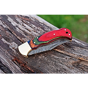 Handmade Damascus Steel Pocket Knife & Knife Sharpener - Damascus Folding Knife - Pocket Knife for Men, EDC Knife & Hunting Knife with Back Lock & Beautiful Pakka Wood Handle with Leather Knife Sheath