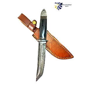 Titan International Knives 10' 1095 High Carbon Damascus Steel Fixed Knife with Black Canvas Micarta Scales Handle Japanese Style Tanto Blade with Leather Sheath for Camping Hunting and Outdoor Activities