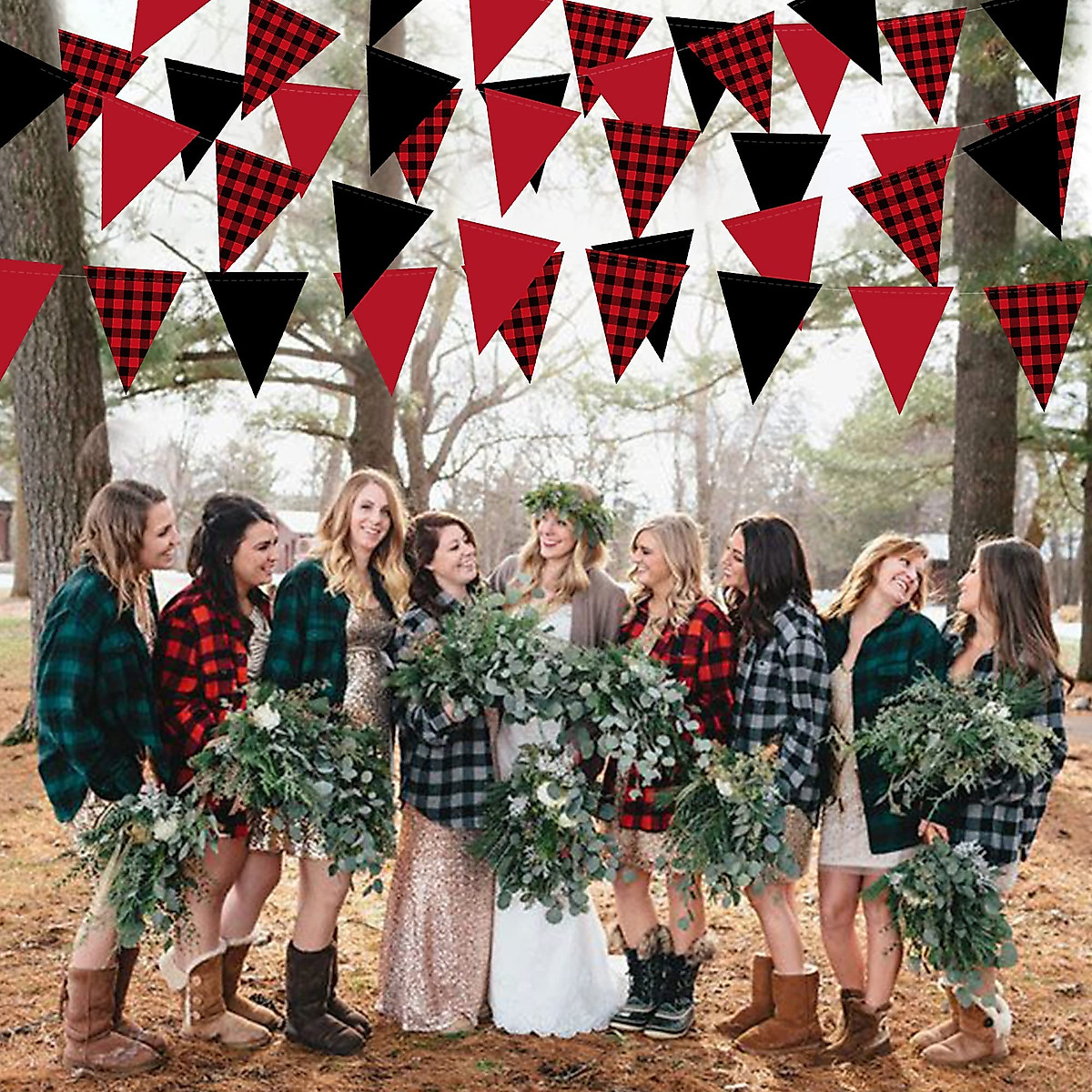 39 Ft Buffalo Plaid Christmas Pennant Banner Black Red Checkered Paper Hanging Triangle Flag Bunting Garland for Birthday Baby Shower Bridal Shower Bachelorette Xmas Holiday Party Decorations Supplies