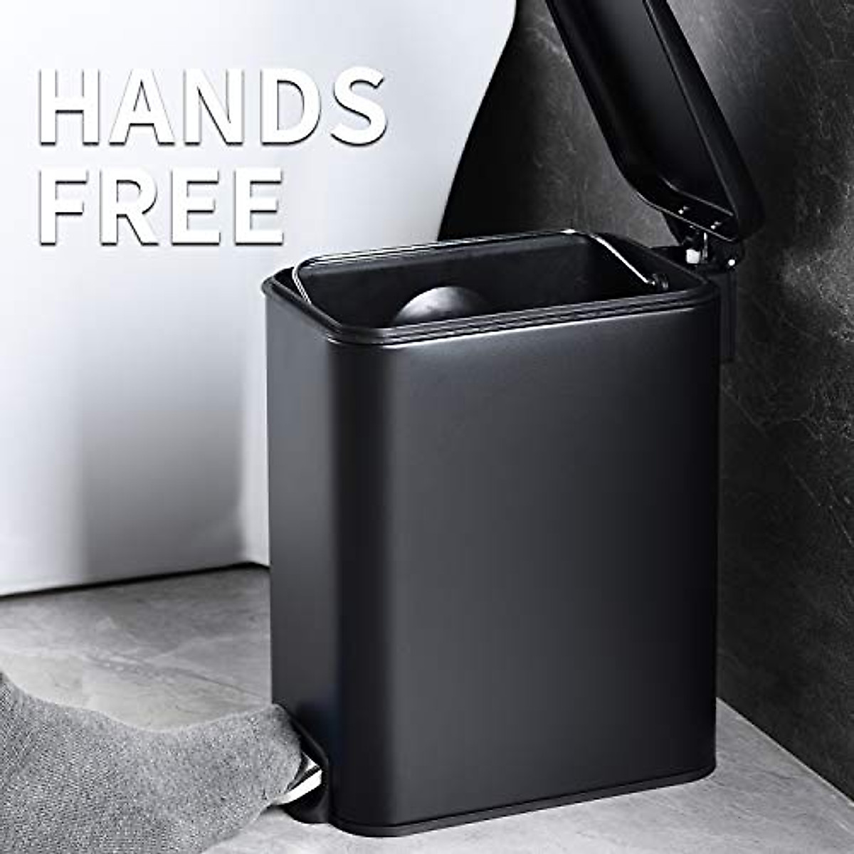 HILFA 5 Liter/ 1.3 Gallon Compact Stainless Steel Rectangular Step Trash can, Bathroom Trash can, Kitchen Trash can,Matte Black,SB3200-MB