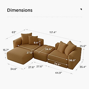 Acanva Corduroy Convertible Modular L Shaped Sectional Sofa, 4 Seater Free Combination Corner Couch, Convertible to DayBed, Wide Loveseat with Moveable Ottomans for Small Spaces, Sleeper Bed, Yellow