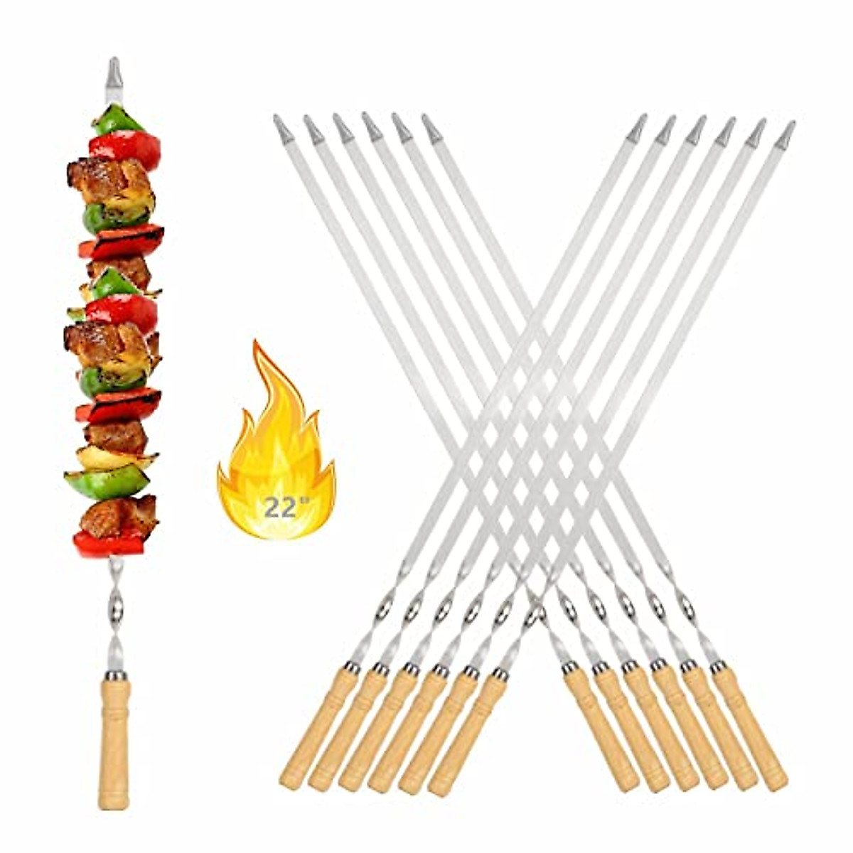 Large Size Kabob Skewers 22 inch Flat Metal BBQ Barbecue Skewer Wooden Handle Stainless Steel Shish Kabob Stick Wide Reusable Grilling Set Meat Shrimp Chicken Vegetable Kebab Fork Sausage-12PCS