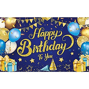 KatchOn, Happy Birthday Banner Blue and Gold - XtraLarge, 72x44 Inch | Happy Birthday Backdrop for Boys | Birthday Decorations for Women | Happy Birthday Men Decorations | Birthday Banners for Men