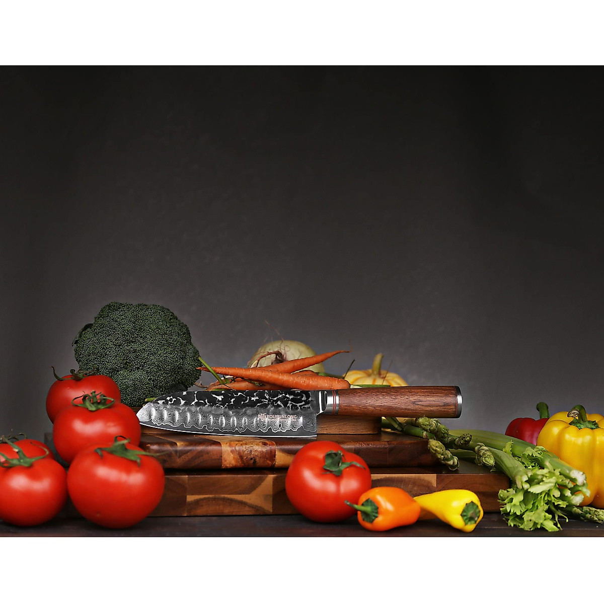 YOUSUNLONG Santoku Knives 7 inch Professional Chef Knife - Japanese Hammered Damascus Steel Blade - Natural Walnut Wooden Handle