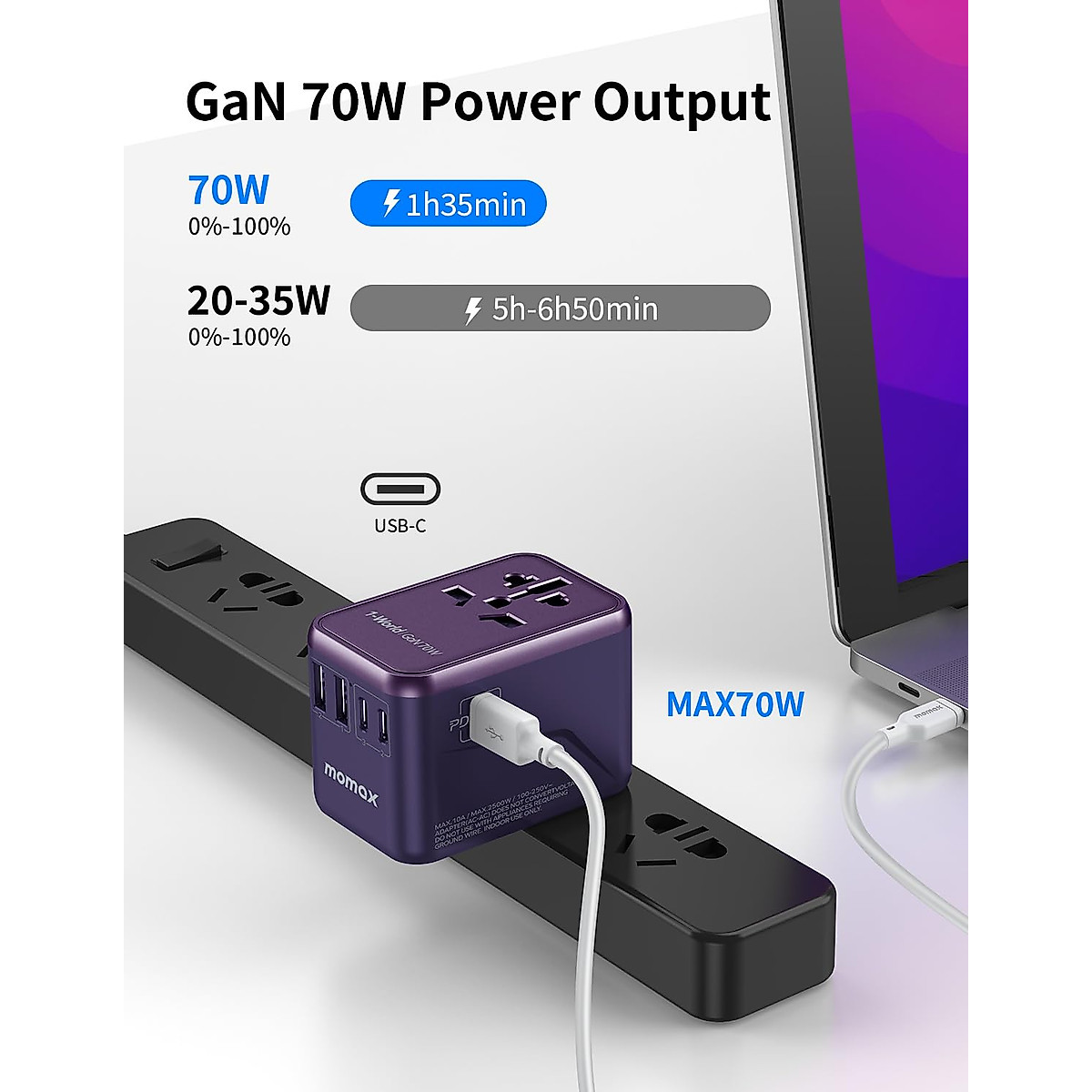 MOMAX Universal Travel Adapter, 70W GaN Travel Plug Adapter with UK,EU,AU,US Plugs, 3USB-C PD & 2USB-A QC International Adapter Charger, International Adapter for Laptops Phones Vision Pro, Purple
