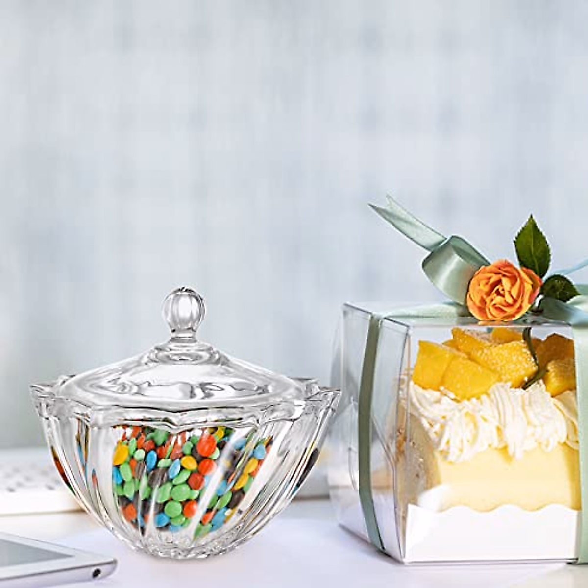 Fasmov 2 Pcs 7.7 inch x 6.7 inch Large Glass Candy Dish with Lid, Covered Decorative Weddings Candy Buffet Food Storage Container Crystal Candy Jar for Home Kitchen Office Table