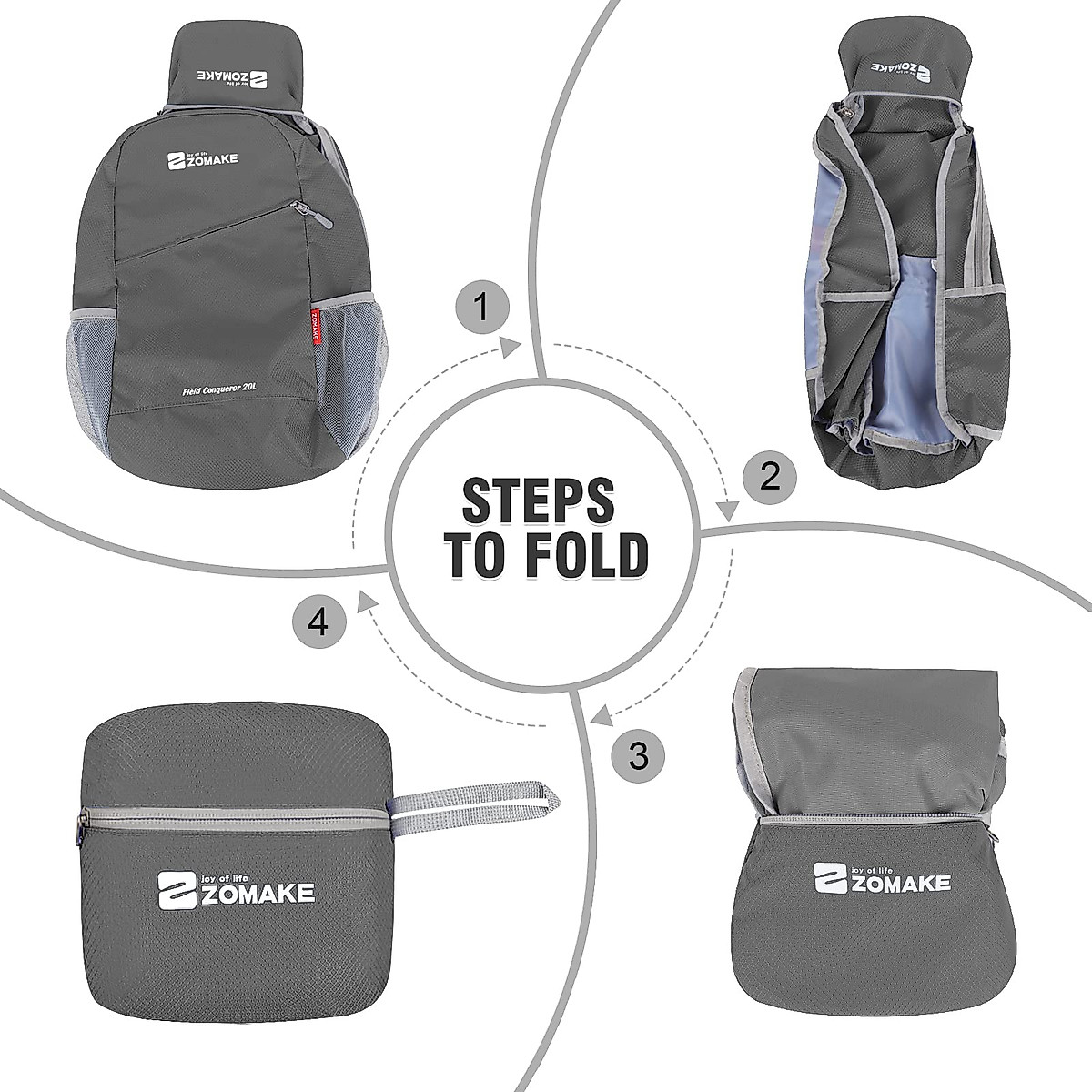 ZOMAKE 20L Packable Backpack:Lightweight Hiking Backpacks - Foldable Water Resistant Back Pack Packable Small Travel Day Pack for Camping Outdoor Hiking (Medium grey)