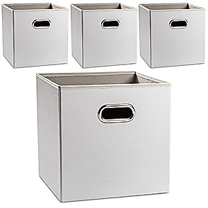 PRANDOM Leather Foldable Cube Storage Bins 13x13 inch [4-Pack] Fabric Storage Baskets Cubes Drawer with Cotton Handles Organizer for Shelves Toy Nursery Closet Bedroom Clothes White