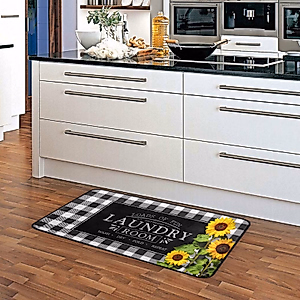 Black White Buffalo Plaid Laundry Room Rugs Sunflower Non Slip Laundry Mats Farmhouse Kitchen Floor Mat Bathroom Laundry Room Decor Accessories 39" X 20"