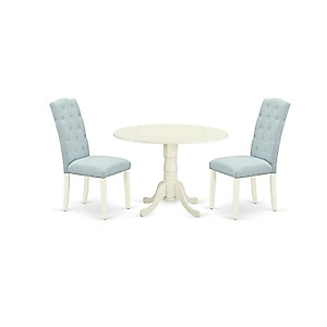 East West Furniture DLCE3-WHI-15 Dublin 3 Piece Set Contains a Round Dining Room Table with Dropleaf and 2 Baby Blue Fabric Upholstered Chairs, 42x42 Inch, Linen White