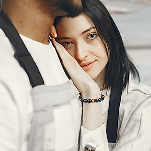 Triple protection bracelet, Tiger Eye Bracelet for Men Women, 12MM Crystal Stone Beaded Black Obsidian Bracelet, Anxiety Relief,increase courage and determination, Healing Energy Bead Bracelet