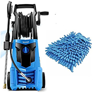 Suyncll 2.0GPM Electric Power Washer +Microfibre Car Wash Mitt, 1600W High Pressure Washer with Hose Reel, Graet for Home/Garden/Car Cleaning(Blue)
