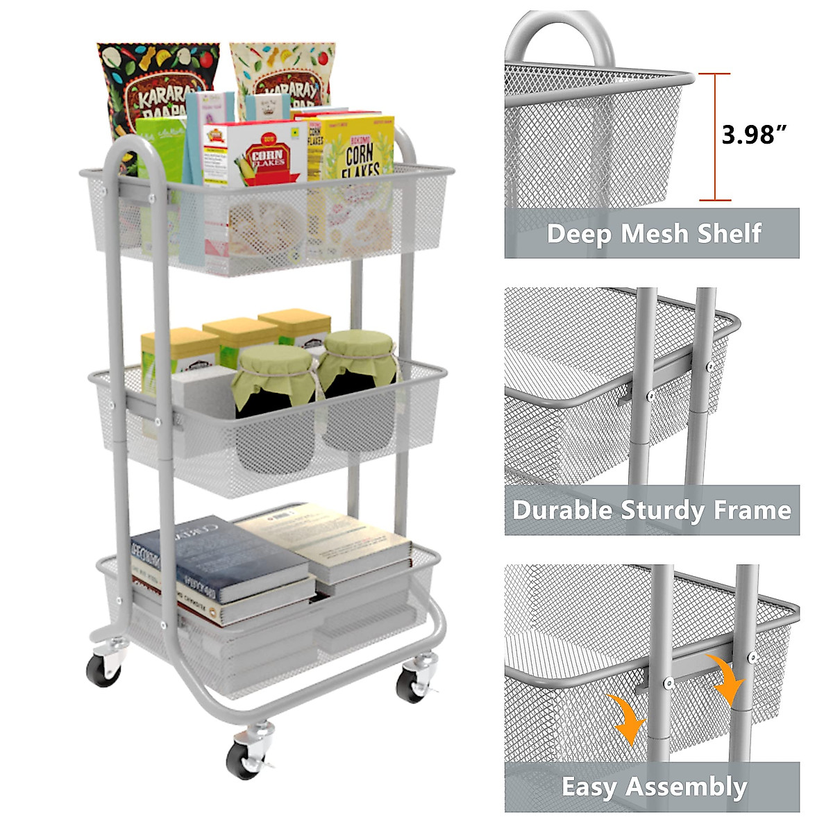 DESIGNA 3-Tier Rolling Utility Cart Storage Shelves Multifunction, Metal Mesh Baskets, Pantry Cart with Lockable Wheels, Gray