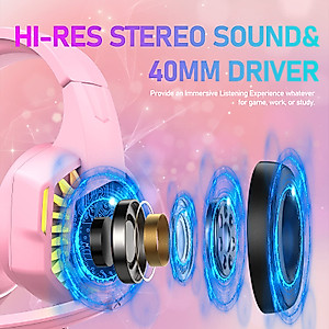 Wired Gaming Headset with Rainbow RGB Backlight Retractable Noise Isolating Microphone Stereo Sound Deep Bass Memory Foam Earmuff Over Ear Headphone for PS4 Xbox One Switch PC Mac Gamer Music (Pink)