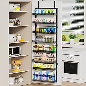 POKIPO 8-Tier Over the Door Pantry Organizer, 2 in 1 Large Door Spice Rack with Adjustable Metal Baskets, Heavy Duty Hanging or Wall Mounted Storage Organizer for Kitchen Pantry and Room Wall