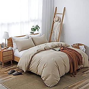 LOVQUE 100% Washed Cotton Duvet Cover Queen Size, Beige Fade-Resistant Linen Like Natural Bedding Set (No Comforter), 90x90 Inches