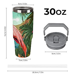 BWQJKUO Large Capacity Car Cup 30 Oz Stainless Steel Tropical Flamingo Printed Travel Mug Leak-proof Flip Straw Tumbler with Handle,keeps Cold Or Ho