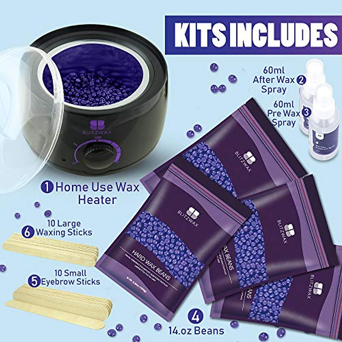 BLITZWAX Waxing Kit Hair Removal Wax Warmer Kit with Sensitive Skin Formula 14oz Lavender Hard Wax Beans for Facial Eyebrow Armpit Bikini Brazilian, Removes All Hair Types