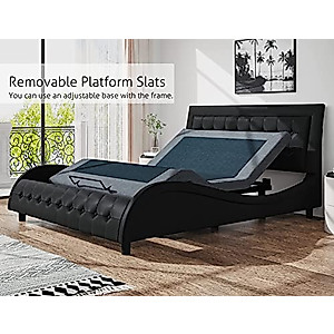 SHA CERLIN Queen Size Box-Tufted Platform Bed Frame/Faux Leather Upholstered Bed Frame with Adjustable Headboard/Wood Slat Support/Wave-Like Modern Bed/Low Profile/Black