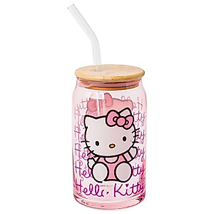Silver Buffalo Sanrio Hello Kitty Waving Pink Glass Jar Tumbler with Bamboo Lid and Glass Straw, 16 Ounces