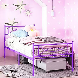 Purple Twin Bed Frames with Storage for Girls Adults Teens, Single Bed Metal Twin Size Beds, Twin Bed Frame No Box Spring Needed Twin Platform with Headboard for Students