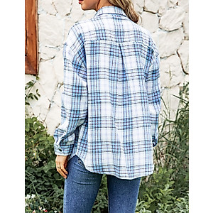 Megfie Oversized Womens Flannel Plaid Soft Flannel Button Down Shirt Roll Up Long Sleeve Flannel Plaid Shirt Blouses Women(0070-SkyBlue-L)