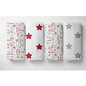 Bacati - 4 Pack Sports Baby Swaddle Blankets Boys Swaddle Wrap Soft Breathable Cotton Muslin Swaddle Blankets Receiving Blanket for Boys, Large 45 x 45 inches (Baseball Red/Grey)