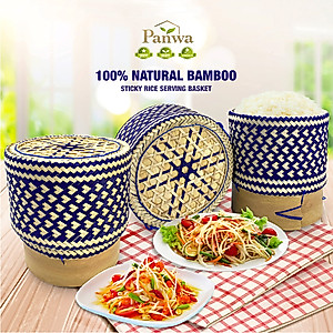 PANWA Bamboo Sticky Rice Serving Basket Thai Kratip Container 100% Handmade Traditional Village Handicrafts with Vegetable Plant Based Dye Coloring Shades Food Safe (Butterfly Pea)