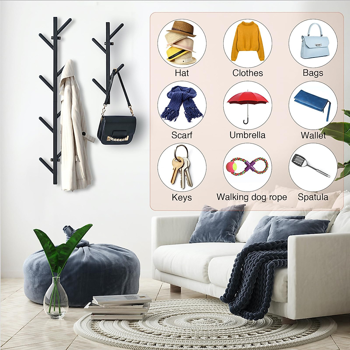 FANTAKI Coat Rack Wall Mount Set of 2, Black Metal Vertical Hat Rack for Wall, Floating Coat Racks for Jackets/Bags/Scarves, Coat Hanger Wall Mount for Entryway/Office/Hallway/Bathroom