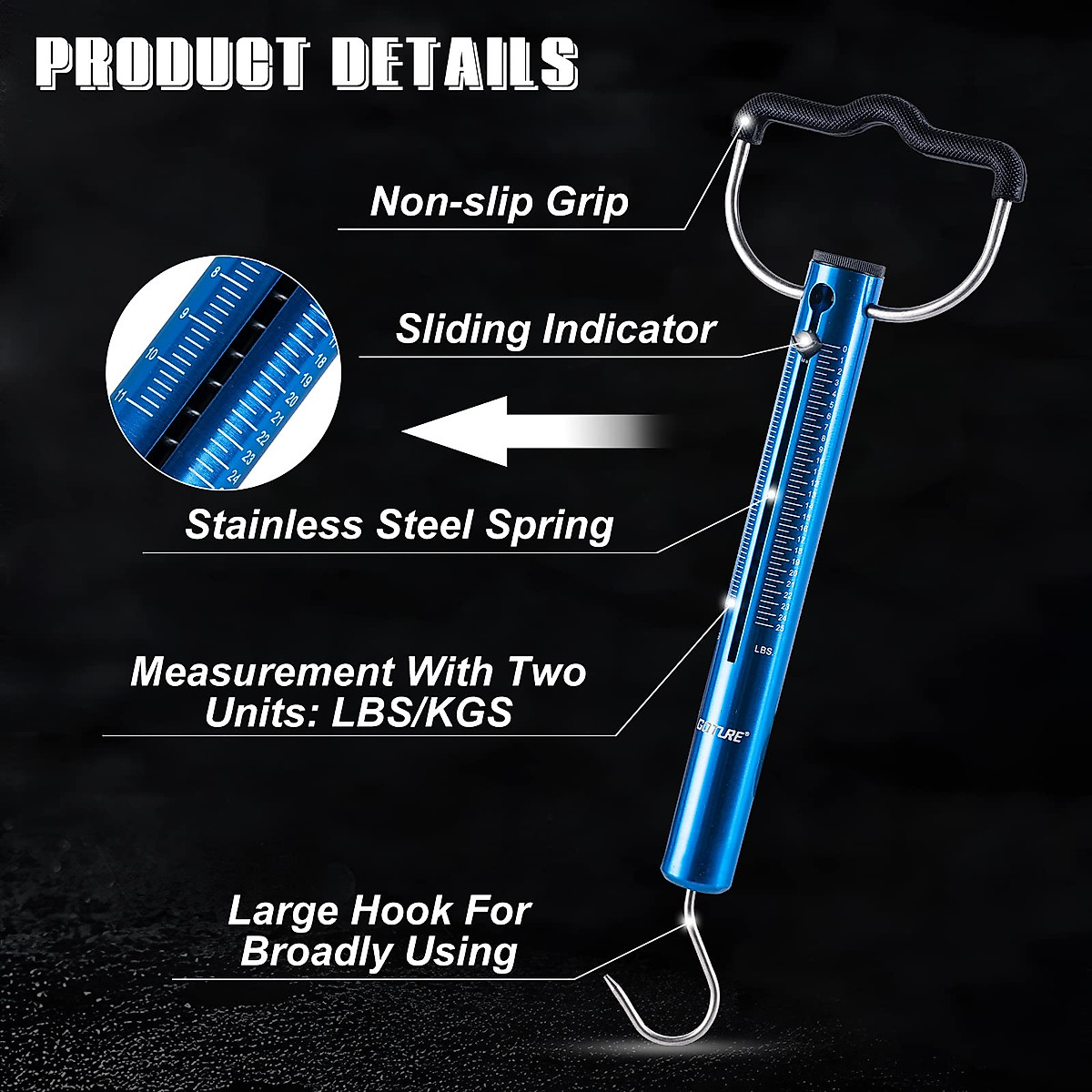 Goture Aluminum Tubular Spring Scale, Tube Fishing Scale, Hanging Spring Scales with Hook 25LB/50LB