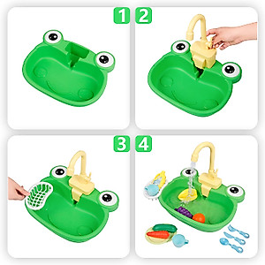 Ruibytree Play Kitchen Sink Toy, Water Toys for Kids with Electronic Dishwasher, Pretend Play Utensils Accessories and Play Cutting Food for Boys and Girls (Cute Frog)