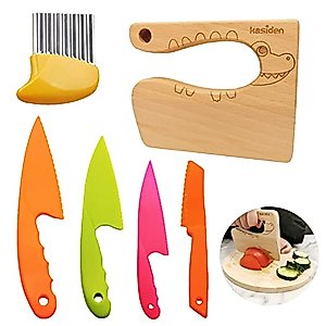Kasiden Wooden Kids Knife for Cooking,6 Pieces Kid Safe Knives,Serrated Edges Toddler Knife,Potato Slicers Cooking Knives,Kitchen Toy,Chopper,Vegetable and Fruit Cutter (Over 3 Years Old)