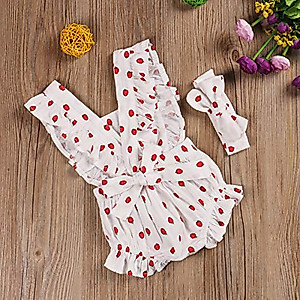 ClickMeForMoreProducts Newborn Baby Girl Strawberry Romper Ruffle Sleeve Bubble Romper Bodysuit with Headband Infant Summer Clothes (12-18months,red strawberry)