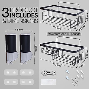 Shower Caddy Bathroom Organizer with Wall Mounted Bathroom Shower Pump Dispenser, Rustproof Stainless Steel Bathroom Shower Shelf, Shampoo and Soap Dispensers for Kitchen Bathroom Hotel, Black