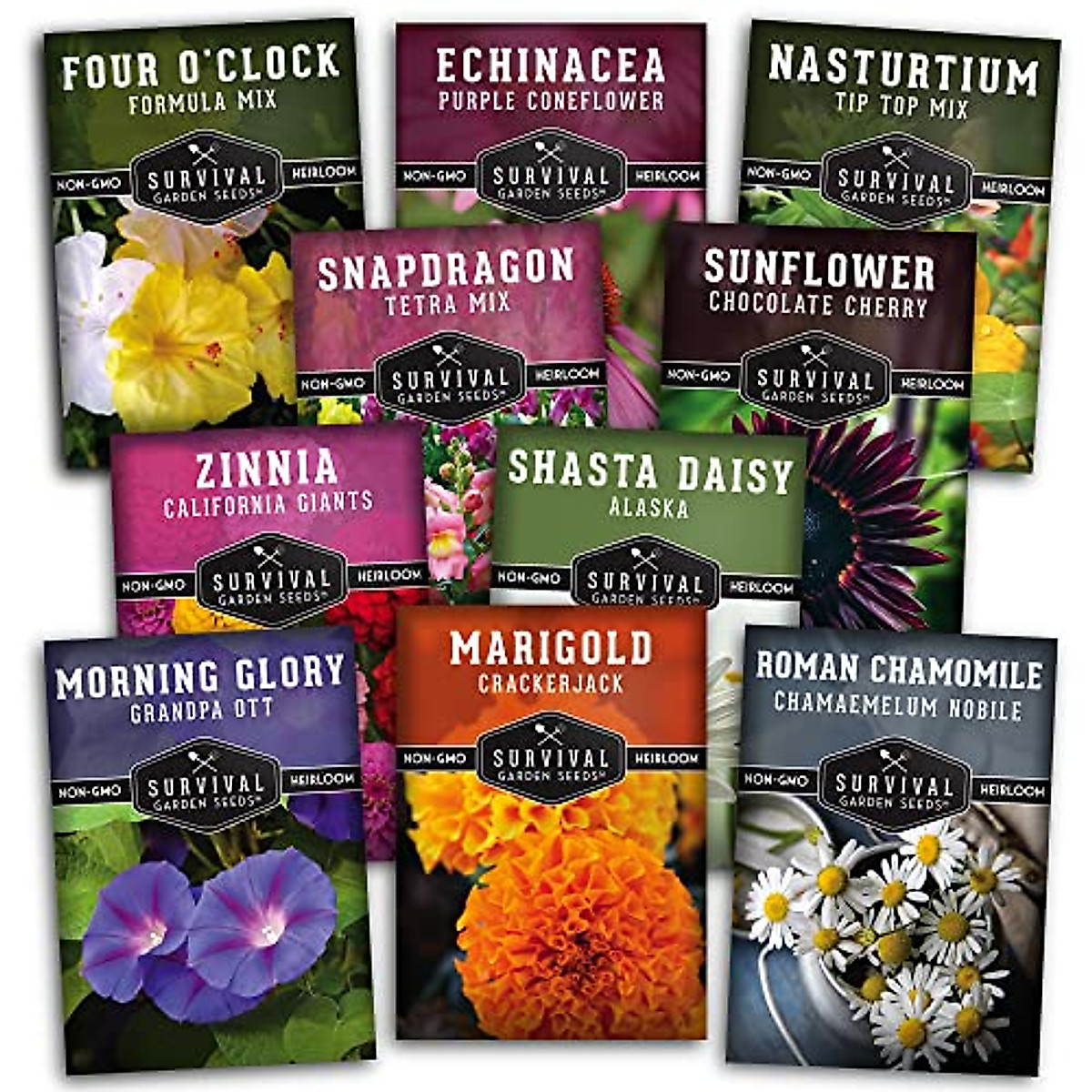 10 Flower Collection - Four O’Clock, Chamomile, Shasta Daisy, Echinacea Coneflower, Marigold, Morning Glory, Nasturtium, Snapdragon, Sunflower Zinnia - Non-GMO Heirloom Survival Garden Seeds