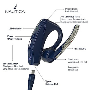 Nautica T80 Single Ear Bluetooth Headset, Office Bluetooth Headset, Wireless Earpiece for Cell Phone, Hands-Free Earphone with Microphone to Call On-The-Go, Compatible with iPhone & Android Phones