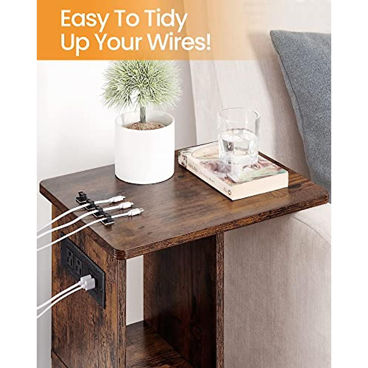 HILINSIE C Shaped End Table with Charging Station - Narrow Side Table with USB Ports and Outlets for Small Spaces, 3-Tier Storage Shelves Nightstand, 11.9 x 15.8 x 21.7 Inches, Rustic Brown