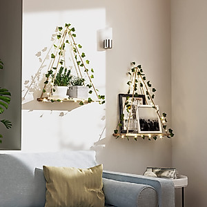 Artificial Ivy LED-Strip Wall Hanging Shelves Set of 2, Hanging Plant Shelf, Macrame Wall Hanging Shelf for Bedroom Bathroom Living Room Kitchen, Wood Hanging Plant Shelves for Wall Décor