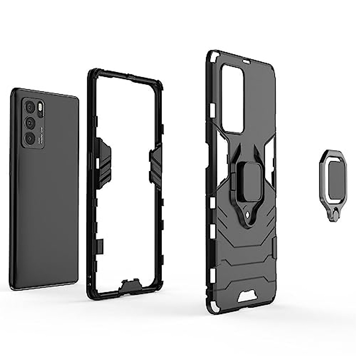 SATURCASE Case for Oppo Reno 6 Pro 5G, Ring Kickstand Hybrid 2 in 1 [PC & Silicone] Dual-Layer Bumper Shockproof Protective Cover for Oppo Reno 6 Pro 5G (HZ-Black)