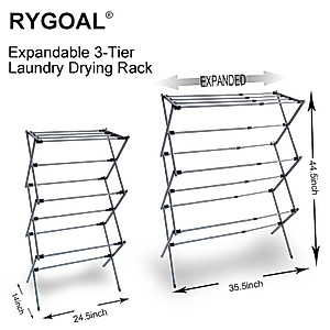 RYGOAL Clothes Drying Rack, 3-Tier Laundry Drying Rack Collapsible, Extendable 42.7" x 35.5" x 14.6" Large Drying Rack, Space Saving Stainless Steel Drying Rack Clothing for Indoor Outdoor Use
