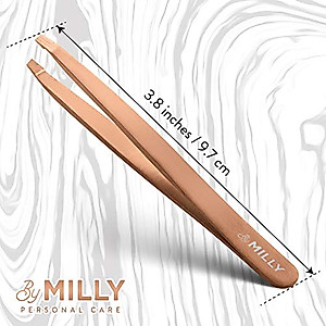 By MILLY German Steel Professional Slanted Tweezers - Hammer Forged 100% Stainless Steel - Hand-Filed and Aligned Slant Tips for Precision - Rose Gold