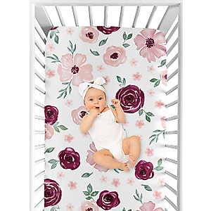 Sweet Jojo Designs Burgundy Watercolor Floral Girl Fitted Crib Sheet Baby or Toddler Bed Nursery - Blush Pink, Maroon, Wine, Rose, Green and White Shabby Chic Flower Farmhouse