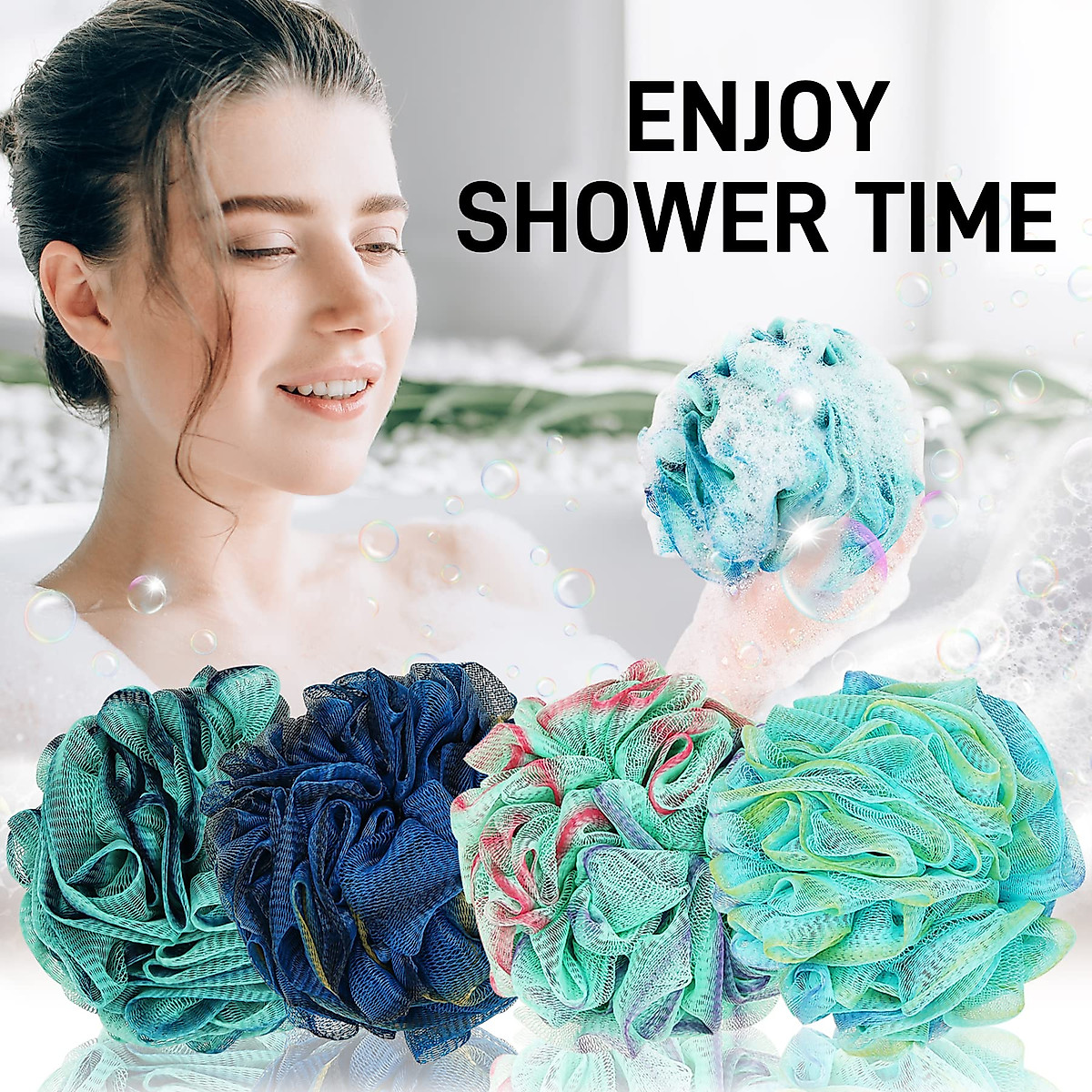 Shower Loofah Bath Sponge 75g - 4 Pack Large Soft Nylon Mesh Puff for Body Wash, Loofah Shower Exfoliating Scrubber Pouf for Women and Men, Full Cleanse, Beauty Bathing Accessories