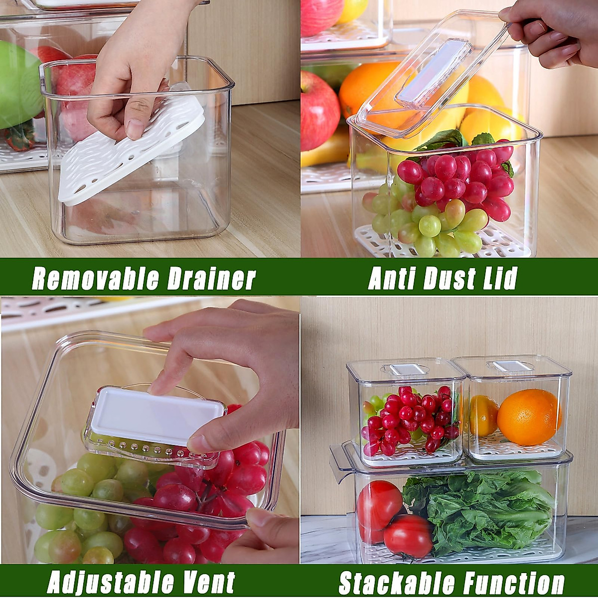 REFSAVER Fridge Storage Containers Produce Saver Stackable Refrigerator Organizer Bins with Removable Drain Tray Fridge Organizer for Fruits and Vegetables 3 Pack