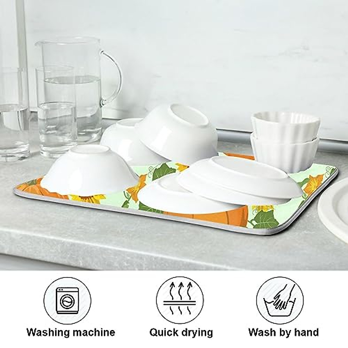 Sunflowers Orange Pumpkins Dish Drying Mat for Kitchen Counter Absorbent Microfiber Dish Drying Pad Mat Washable Coffee Bar Mat Mats for Countertop Dining Table Holiday Decor 16"x18"