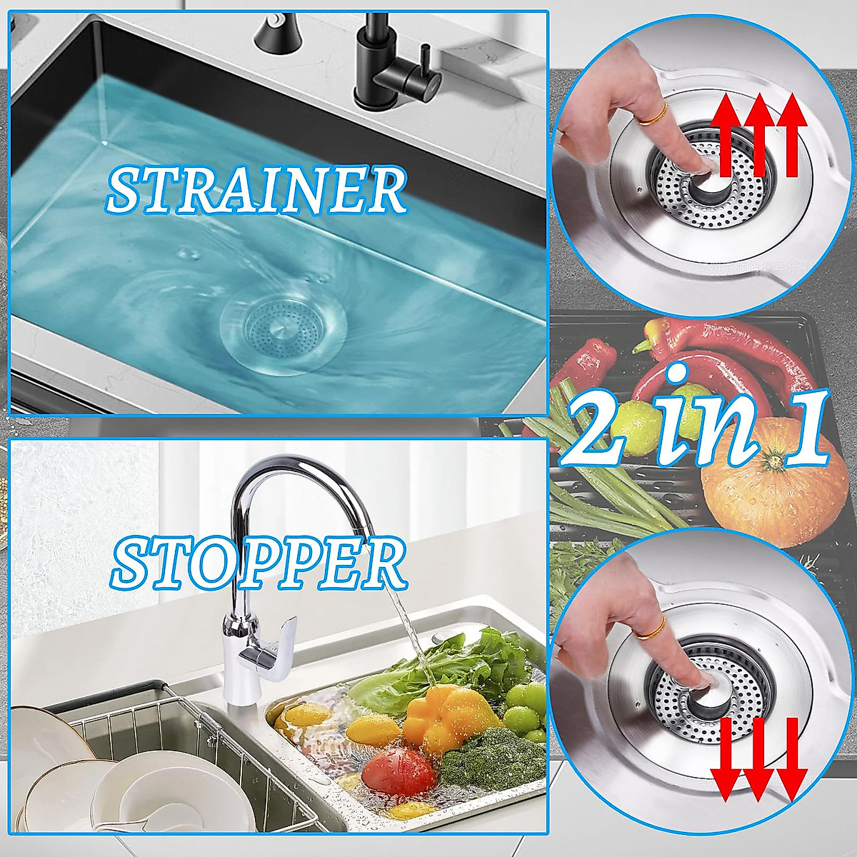 2 Pcs 3 in 1 Kitchen Sink Drain Strainer,Stainless Steel & Brass Pop Up Sink Stopper,for Us Standard 3-1/2 Inch Sink Bounce Core Drain Strai