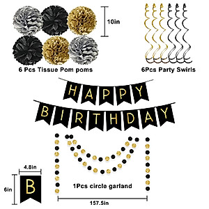 Black Gold Birthday Decorations, Happy Birthday Banner with Pom Poms Paper Triangle bunting Garland Swirl Streamers for Boys Men Party Supplies