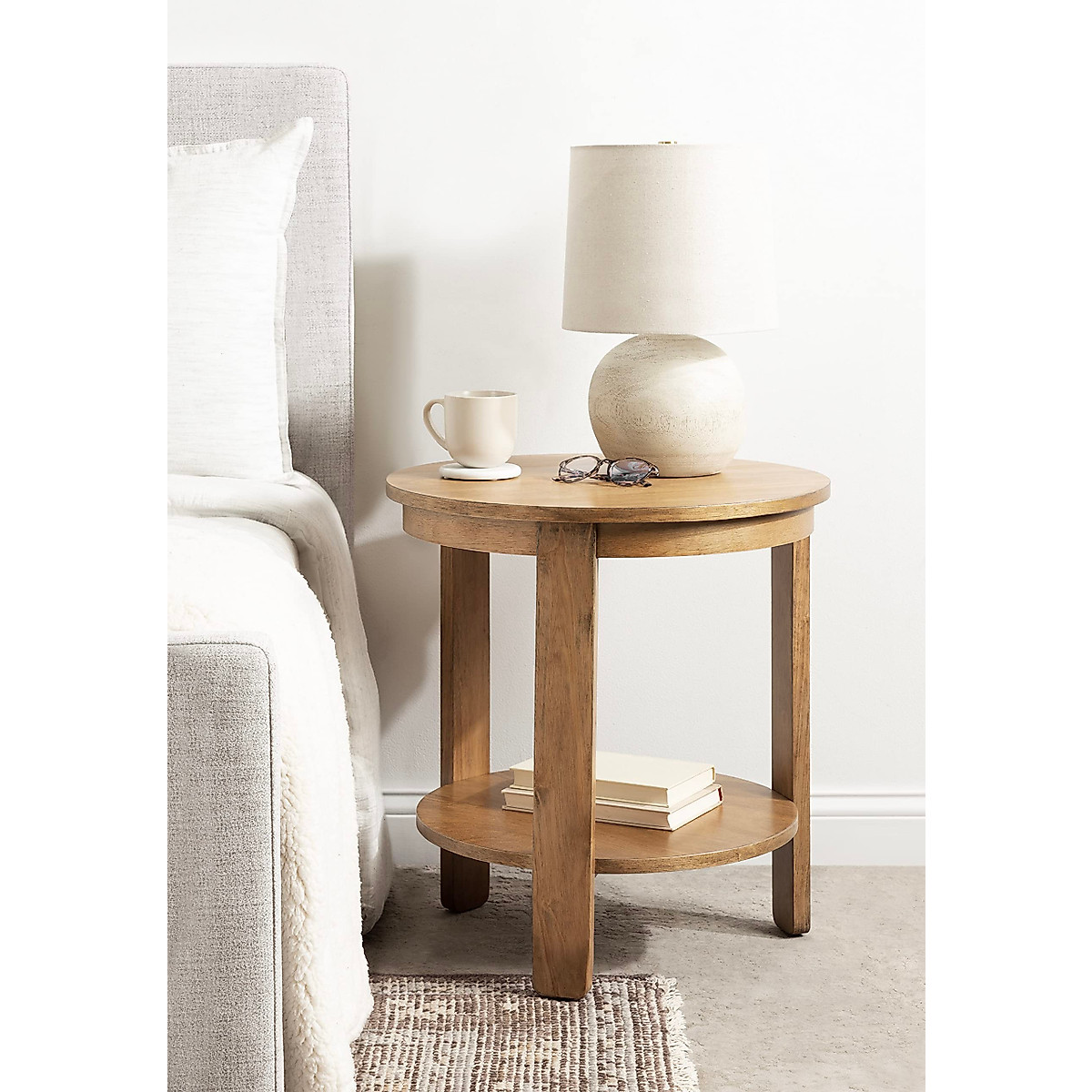 Kate and Laurel Foxford Tiered Round Side Table, 22 x 22 x 24, Natural Brown, Transitional Two-Tier Circle Nightstand Table with Storage and Resilient Wood Construction for Bedroom Decor