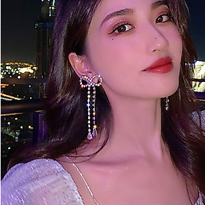 Missgrace Women Bohemian Dainty Dangle Bowknot Tassels Statement Earrings Trendy Unique Full Rhinestones Shiny Bar Disco Earrings Set Jewelry for Women (Pattern 6)